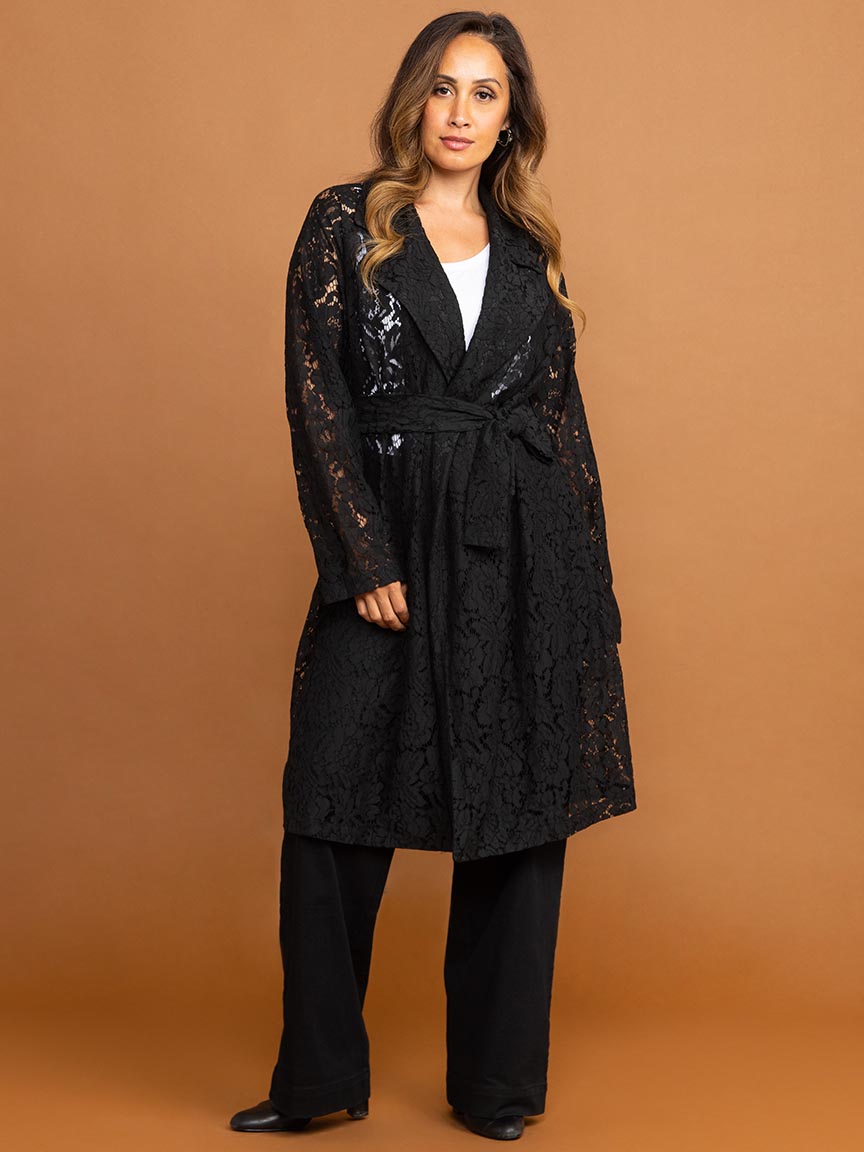 Lace Belted Midi Trench Coat | Signature by Suzanne's | Suzanne's