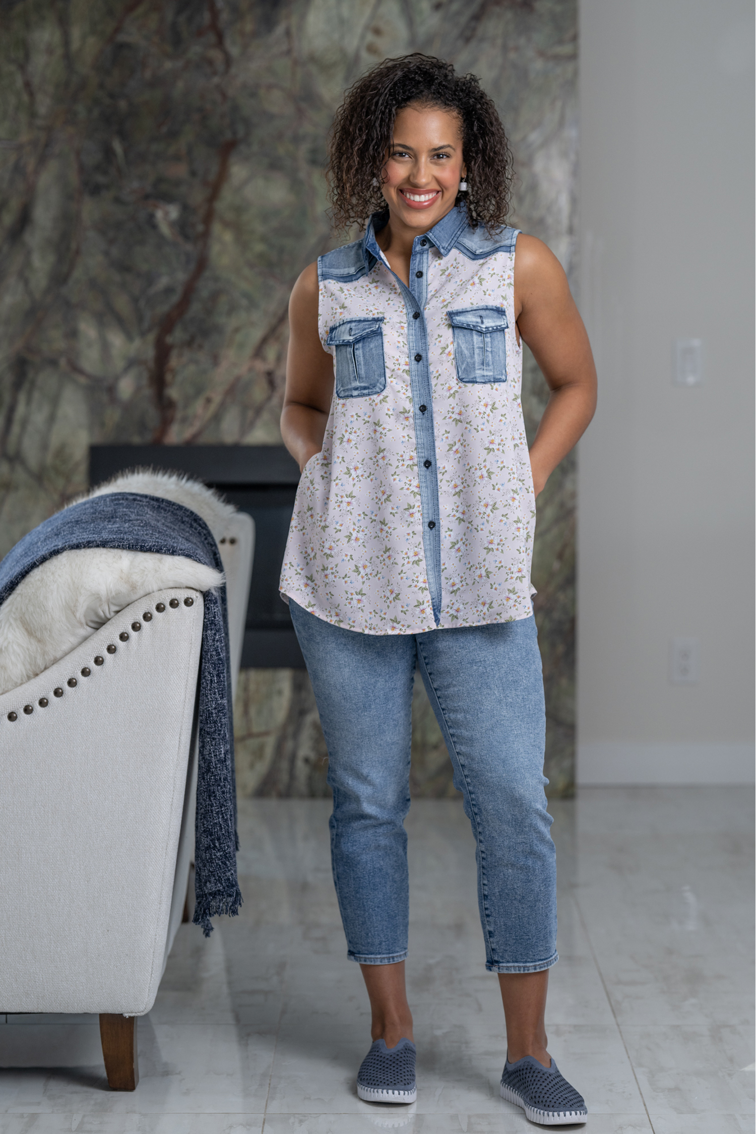 Sleeveless Denim Yoke Floral Blouse | Papillon | Suzanne's